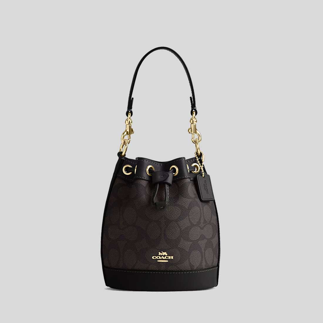 COACH Mini Bucket Bag In Signature Canvas Walnut/Black CW299